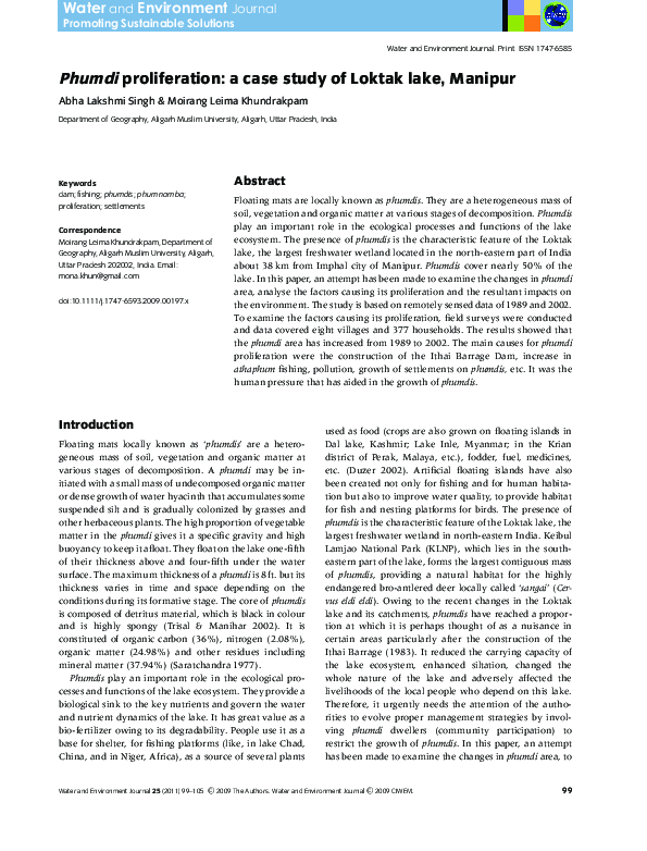 (PDF) Phumdi proliferation: a case study of Loktak lake, Manipur
