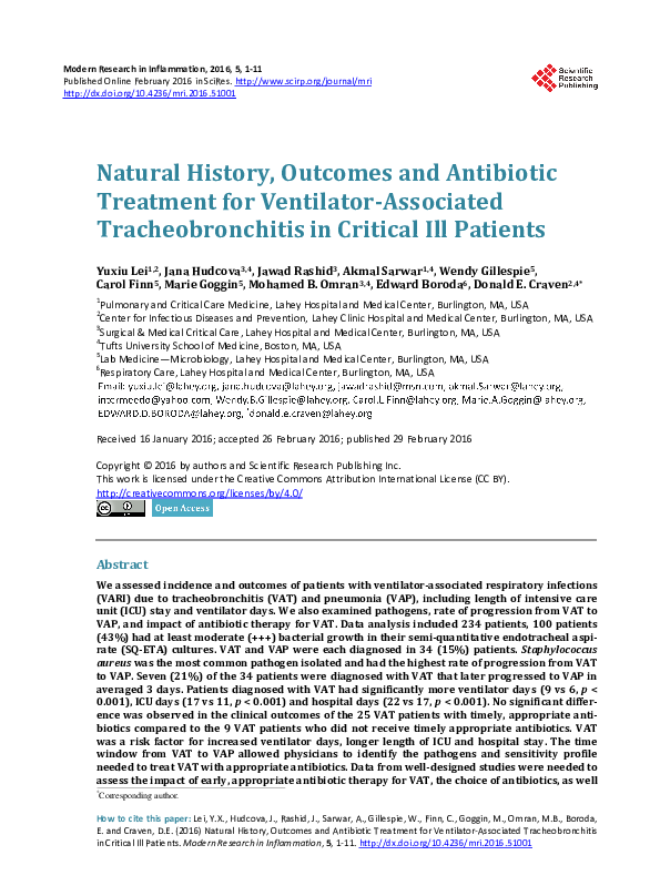 (PDF) Natural History, Outcomes and Antibiotic Treatment for Ventilator ...