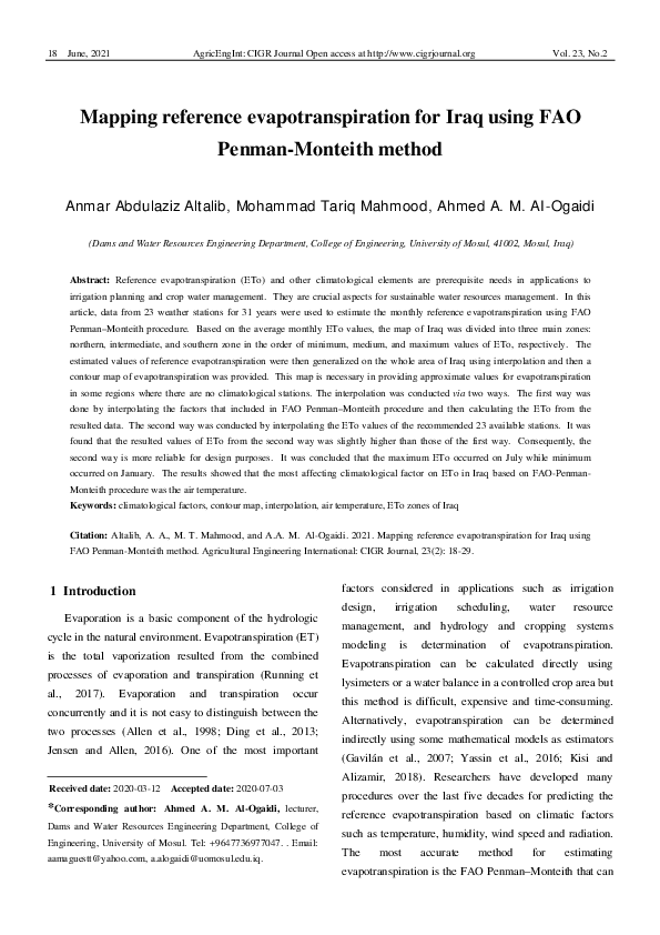 (PDF) Mapping reference evapotranspiration for Iraq using FAO Penman-Monteith method