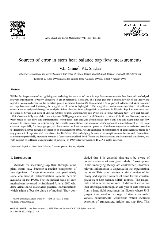 (PDF) Sources of error in stem heat balance sap flow measurements