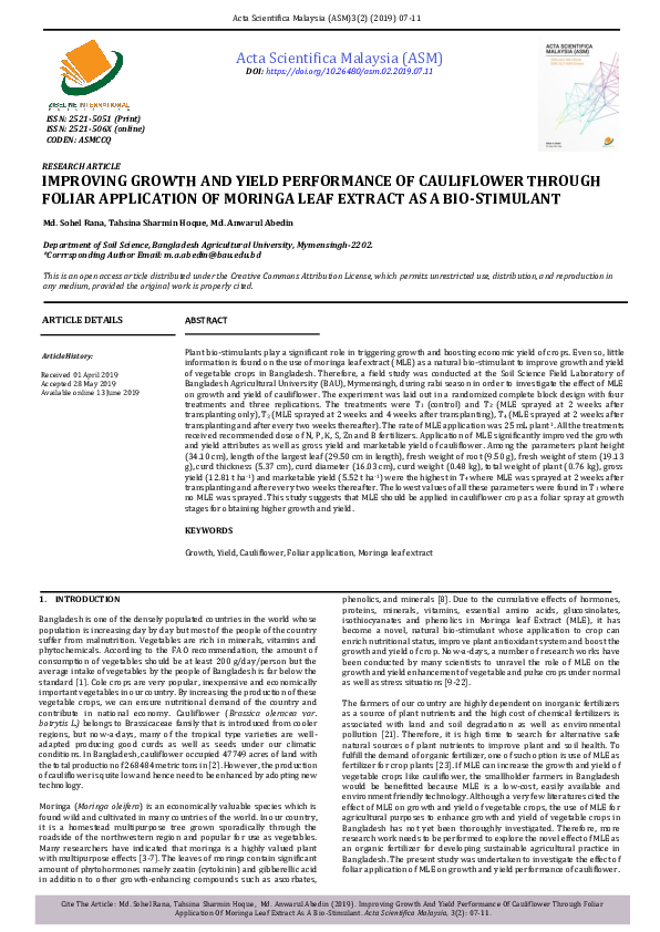 Pdf Improving Growth And Yield Performance Of Cauliflower Through