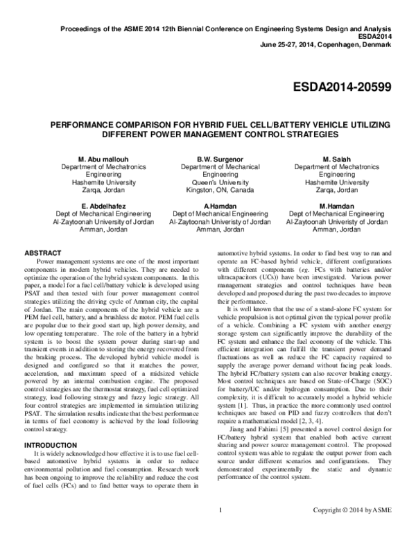 (PDF) Performance Comparison for Hybrid Fuel Cell/Battery Vehicle ... (PDF) Performance Comparison for Hybrid Fuel Cell/Battery Vehicle ...