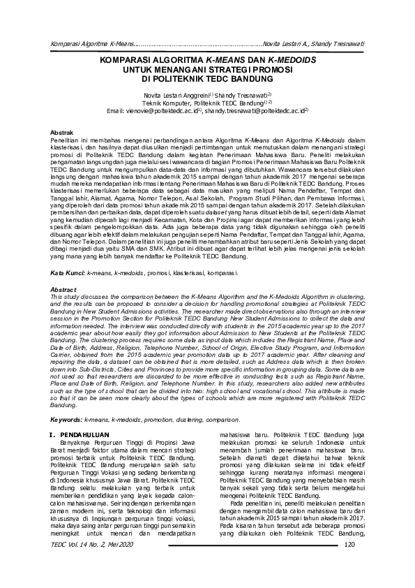 (PDF) Komparasi Algoritma K-Means Dan K-Medoids Untuk Menangani Strategi Promosi DI Politeknik ...