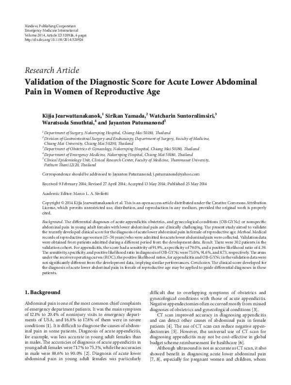 (PDF) Validation of the Diagnostic Score for Acute Lower Abdominal Pain ...
