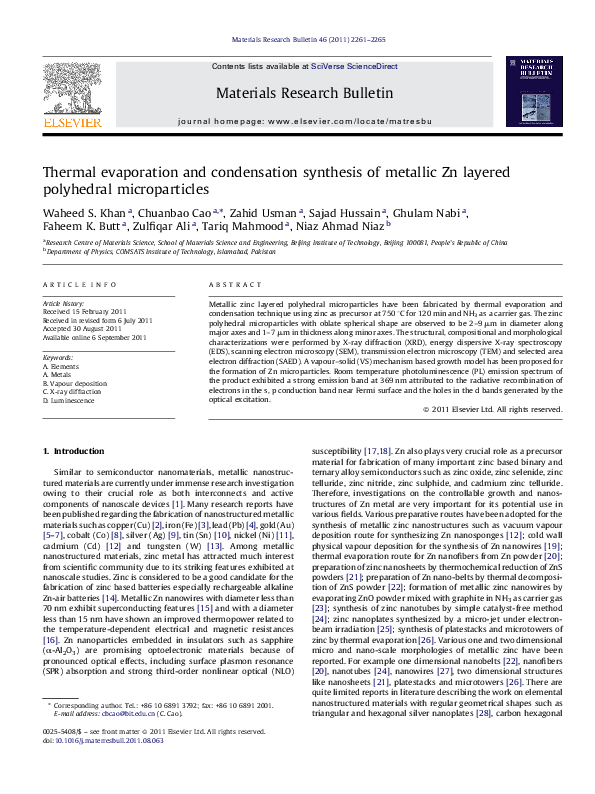 (PDF) Thermal evaporation and condensation synthesis of metallic Zn ...