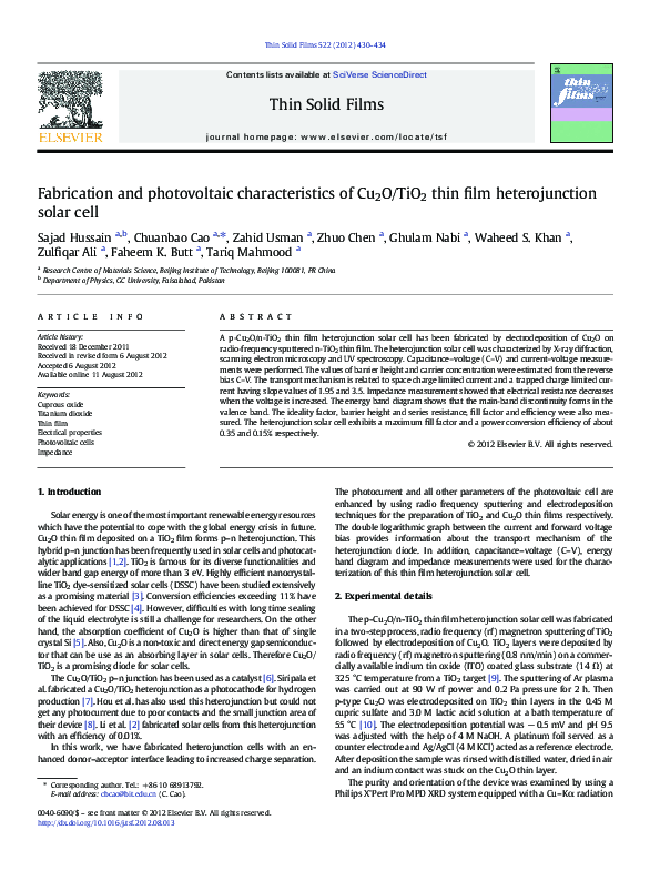 (PDF) Fabrication and photovoltaic characteristics of Cu2O/TiO2 thin ...