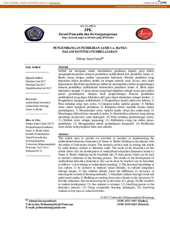 (PDF) Pengembangan Pemikiran James A. Banks Dalam Konteks Pembelajaran
