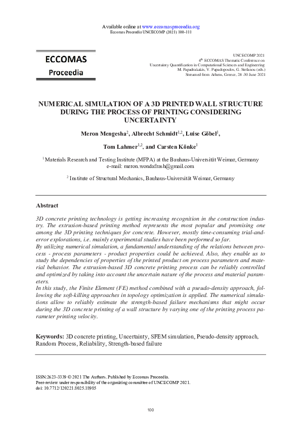 (PDF) Numerical Simulation for 3D Printed Wall Structure During the Process of Printing ...