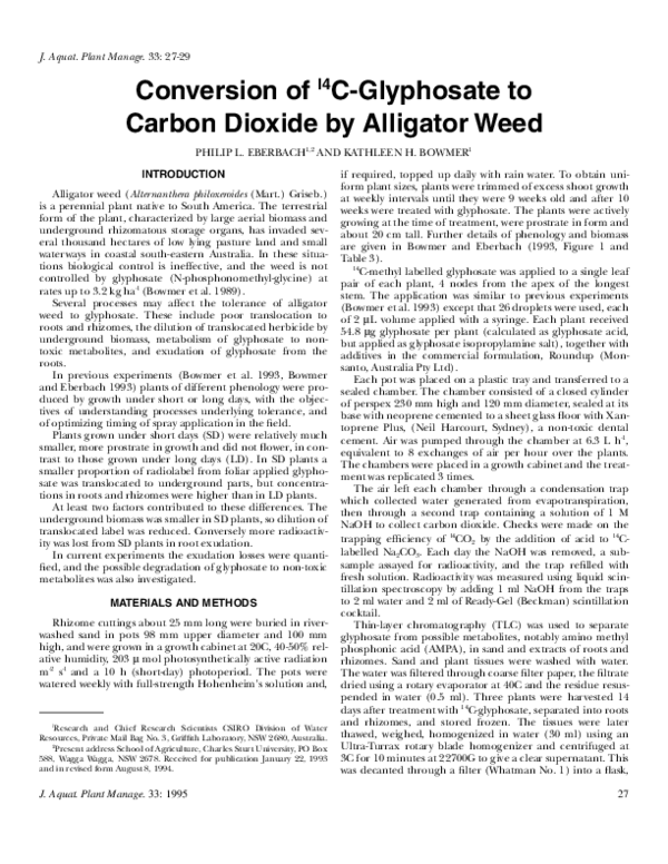 (PDF) Conversion of l4 C-Glyphosate to Carbon Dioxide by Alligator Weed ...