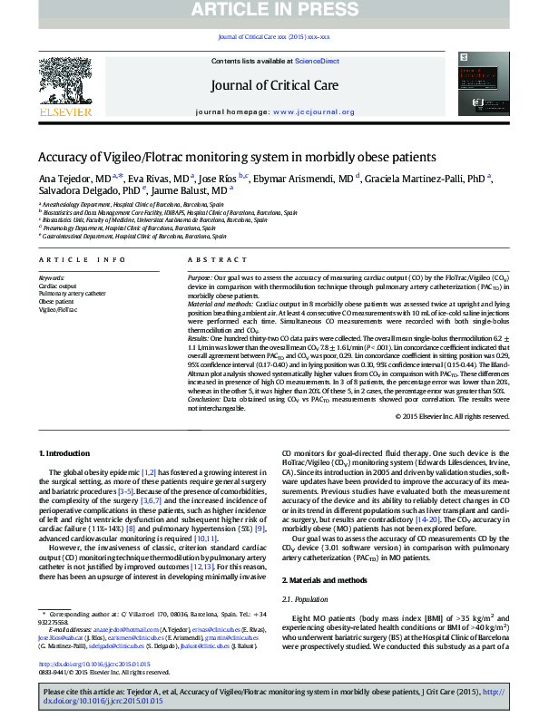 (PDF) Accuracy of Vigileo/Flotrac monitoring system in morbidly obese ...