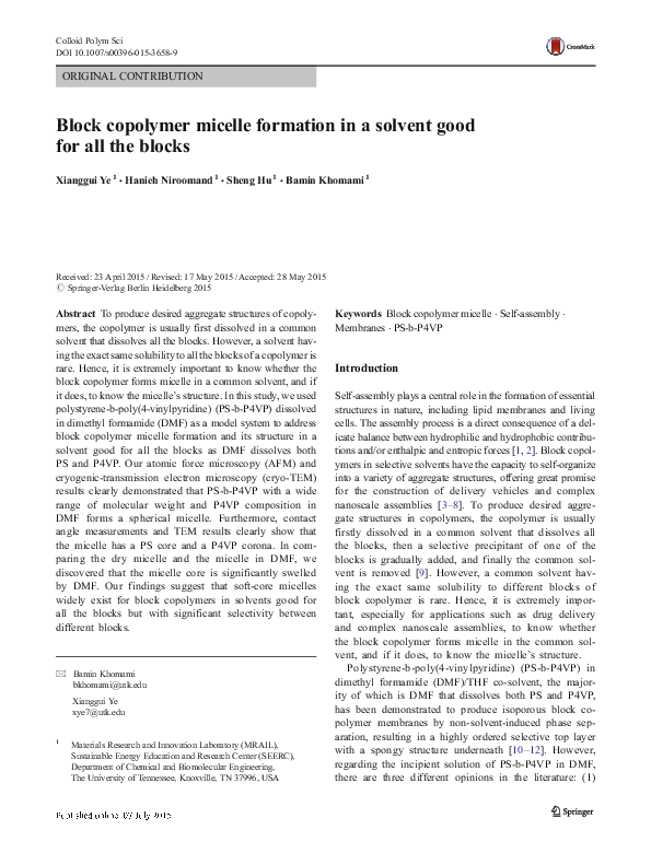 (PDF) Block copolymer micelle formation in a solvent good for all the blocks