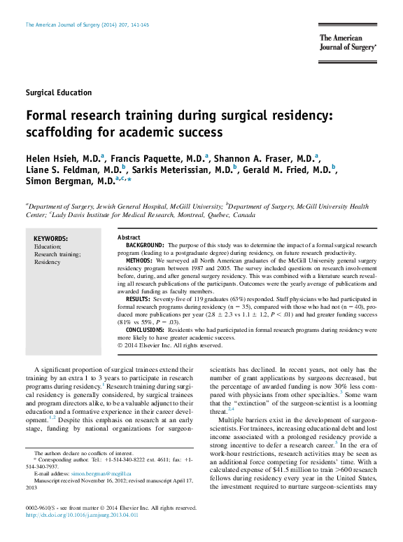 Pdf Formal Research Training During Surgical Residency Scaffolding