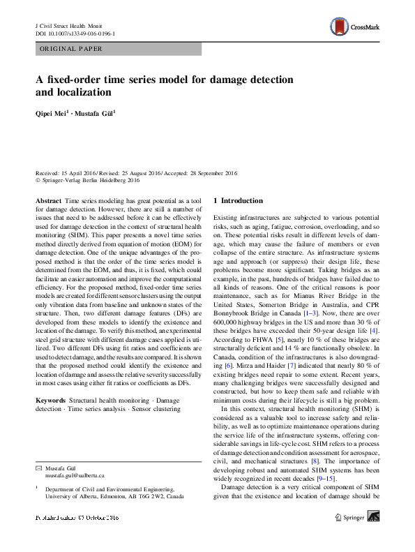 (PDF) A fixed-order time series model for damage detection and localization