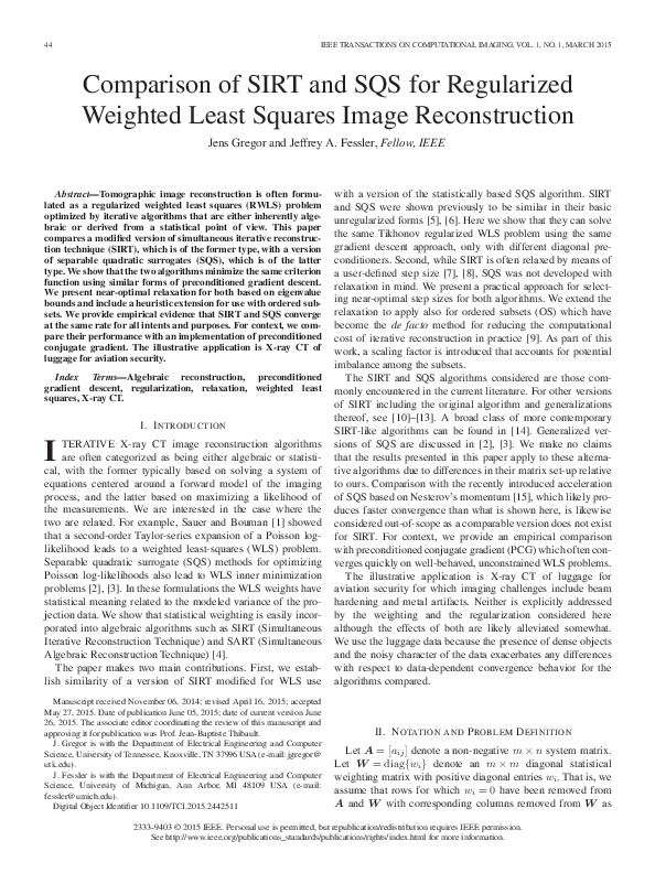 (PDF) Comparison of SIRT and SQS for Regularized Weighted Least Squares Image Reconstruction
