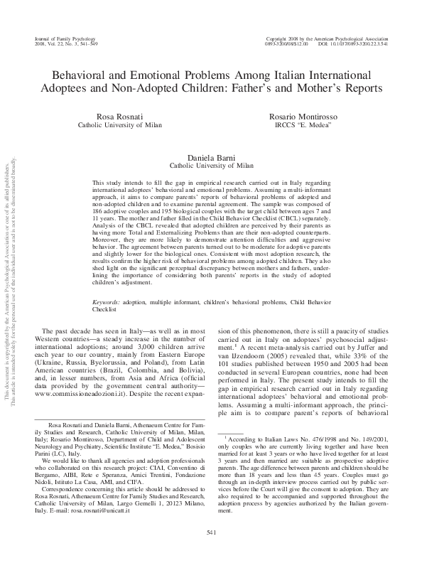 (PDF) Behavioral and Emotional Problems Among Italian Children and ...