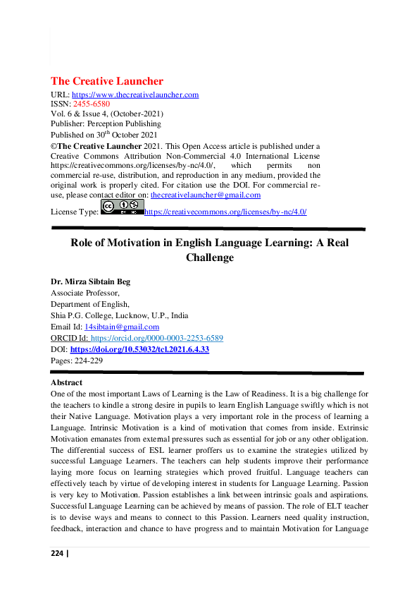 (PDF) Role of Motivation in English Language Learning: A Real Challenge
