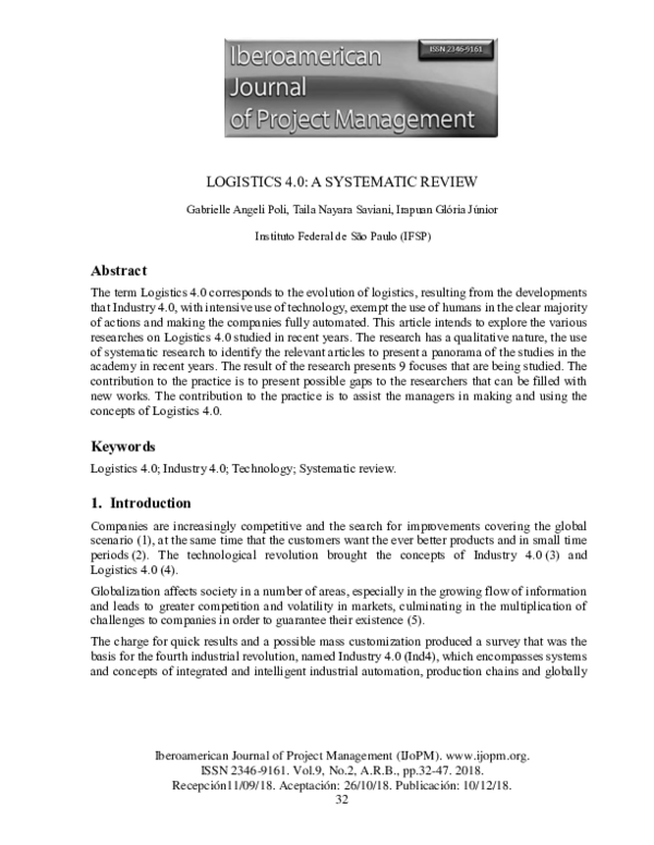 (PDF) Logistics 4.0: A Systematic Review