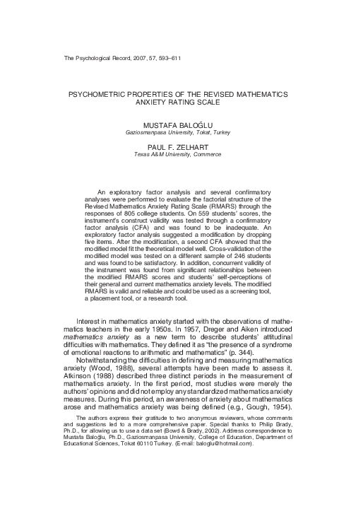 (PDF) Psychometric Properties of the Revised Mathematics Anxiety Rating Scale