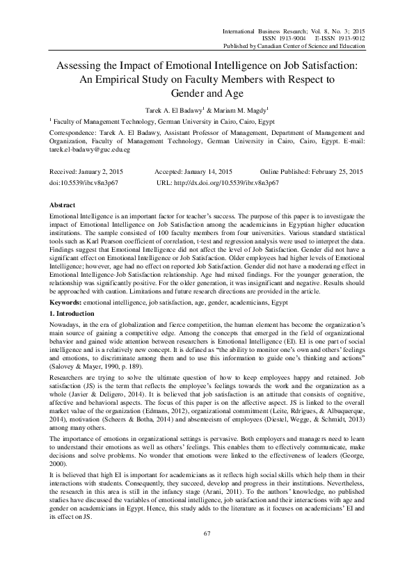 (PDF) Assessing the Impact of Emotional Intelligence on Job Satisfaction: An Empirical Study on ...