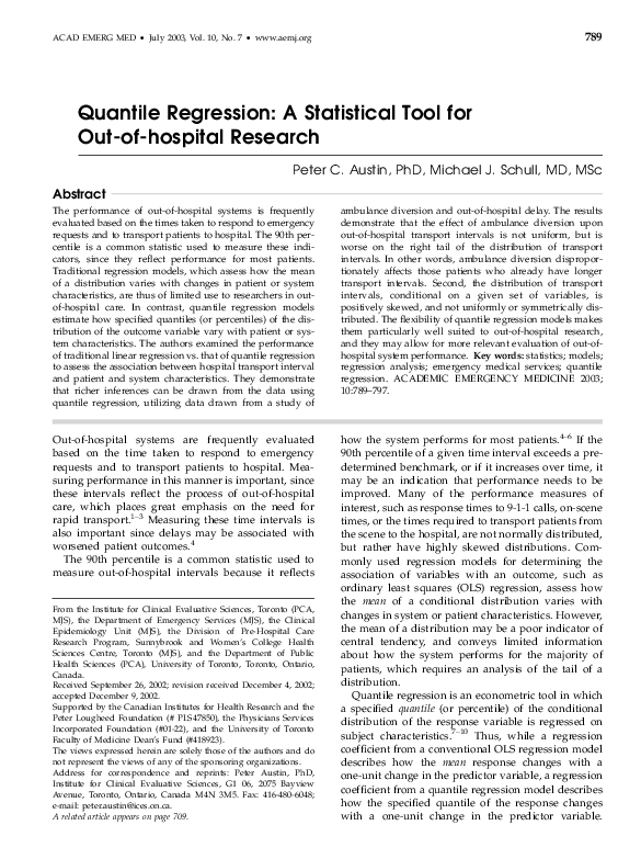 (PDF) Quantile Regression: A Statistical Tool for Out-of-hospital Research