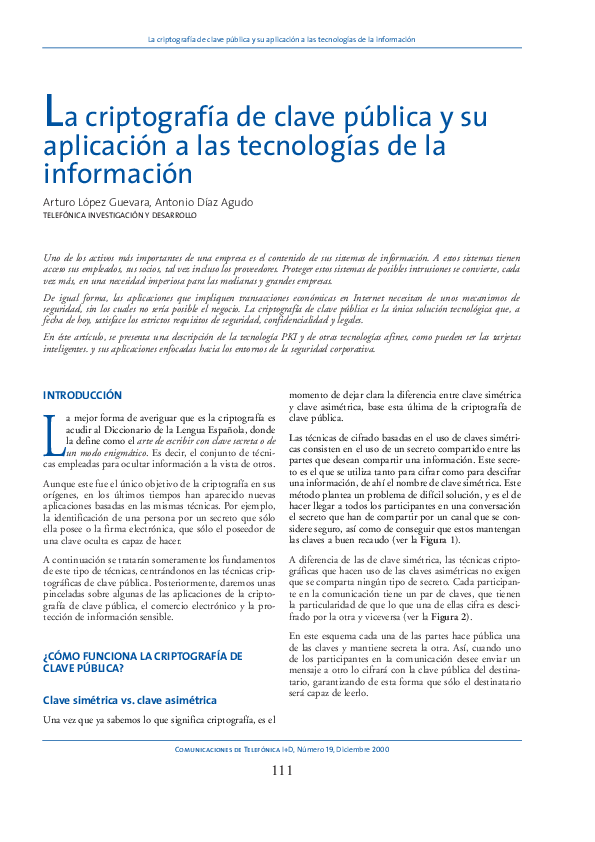 (PDF) La criptografía de clave pública y su aplicación a las tecnologías de la información