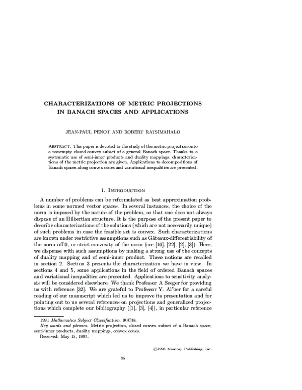 Pdf Characterizations Of Metric Projections In Banach Spaces And Applications