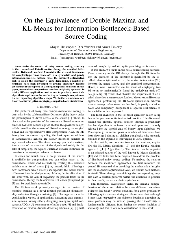 (PDF) On the equivalence of double maxima and KL-means for information bottleneck-based source ...