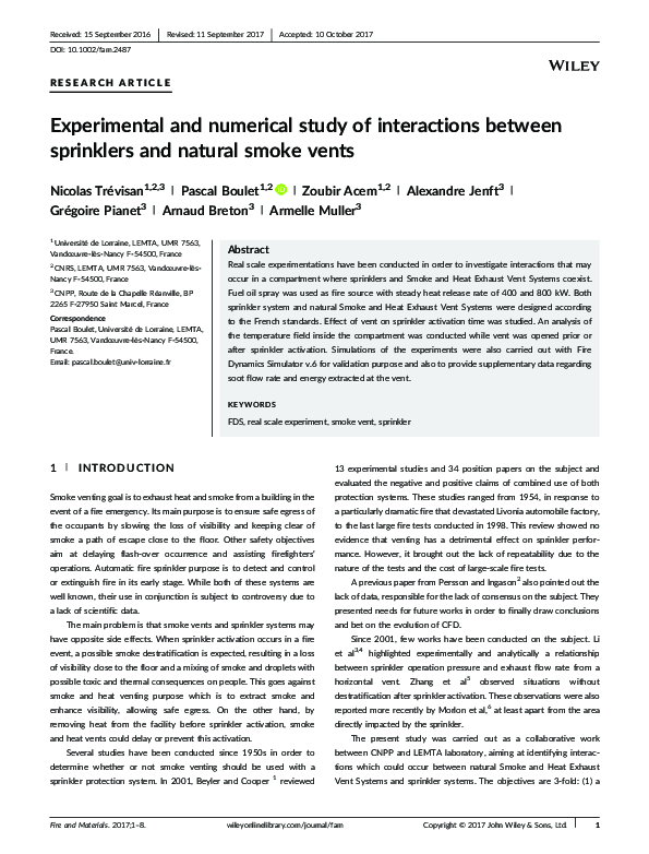 (PDF) Experimental and numerical study of interactions between sprinklers and natural smoke vents