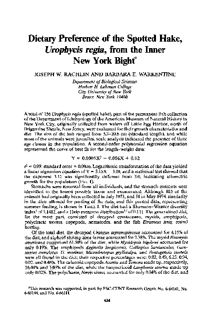 (PDF) Dietary Preference of the Spotted Hake, Urophycis regia, from the ...
