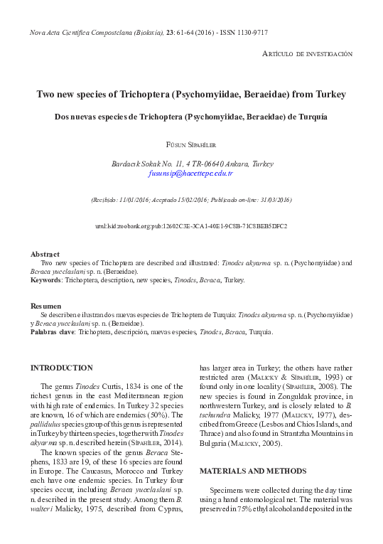 (PDF) Two new species of Trichoptera (Psychomyiidae, Beraeidae) from Turkey