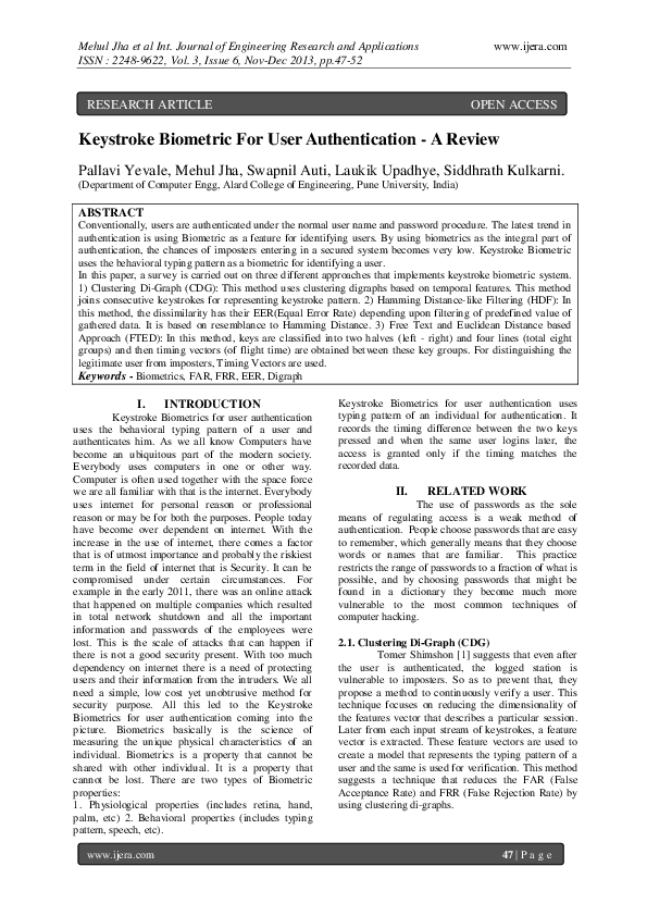 (PDF) Keystroke Biometric For User Authentication-A Review | Pallavi Yevale - Academia.edu