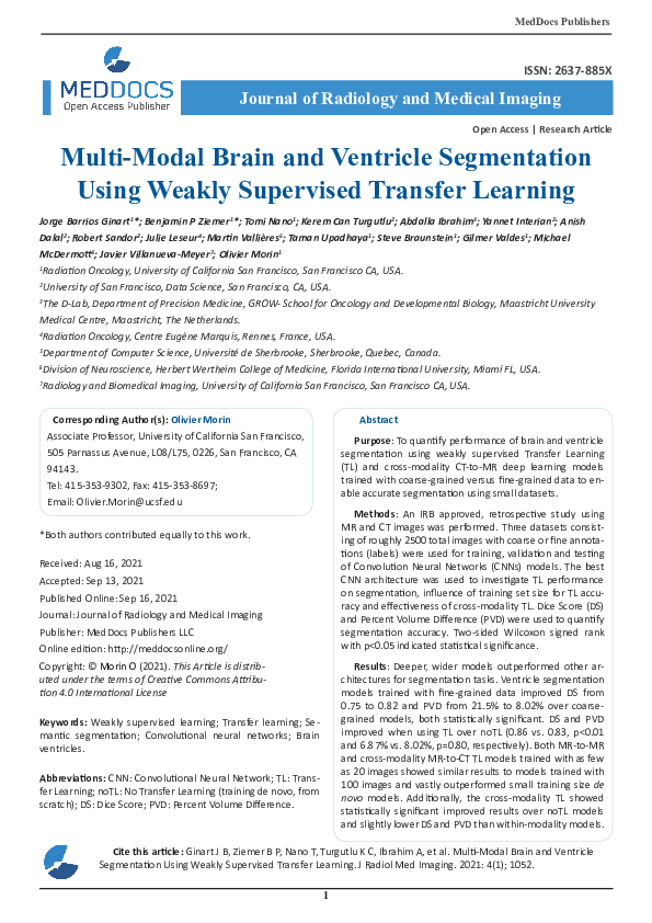 Pdf Multi Modal Brain And Ventricle Segmentation Using Weakly Supervised Transfer Learning