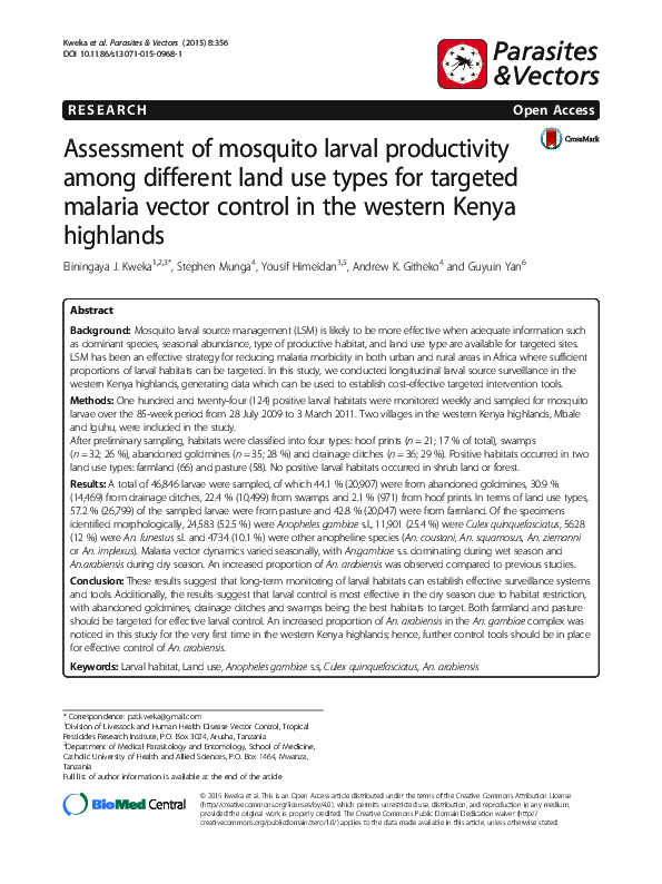 (PDF) Assessment of mosquito larval productivity among different land use types for targeted ...