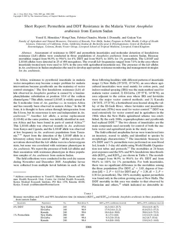 (PDF) Permethrin and DDT Resistance in the Malaria Vector Anopheles arabiensis from Eastern Sudan