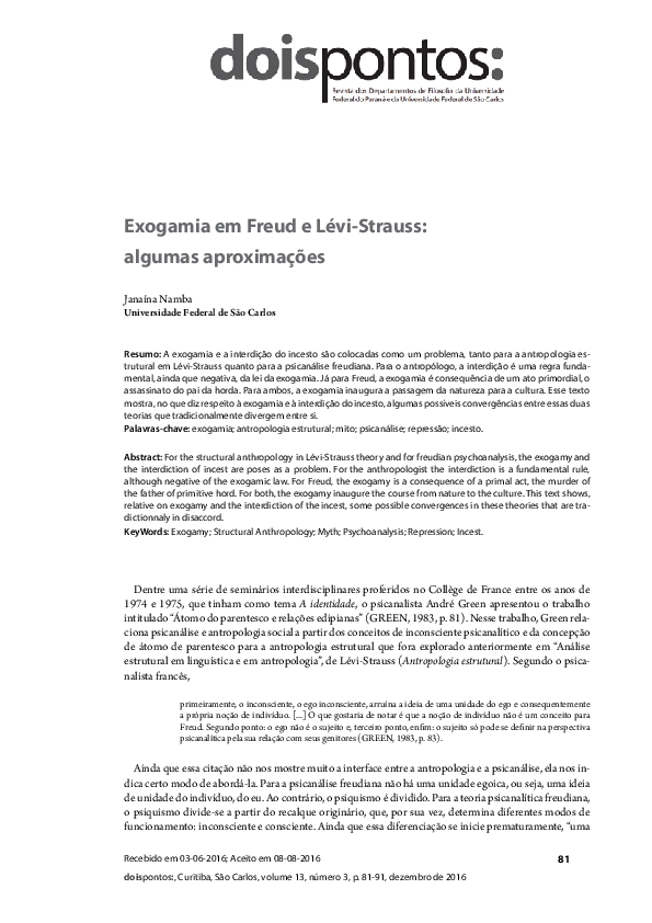 (PDF) Exogamia em Freud e Lévi-Strauss: algumas aproximações