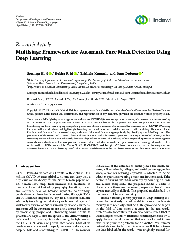 (PDF) Multistage Framework for Automatic Face Mask Detection Using Deep Learning
