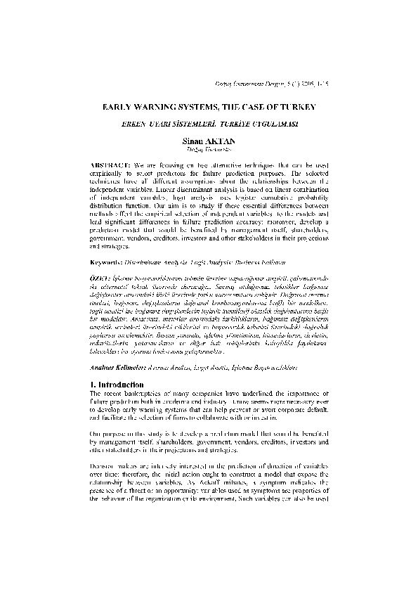 (PDF) Early Warning Systems, the Case of Turkey