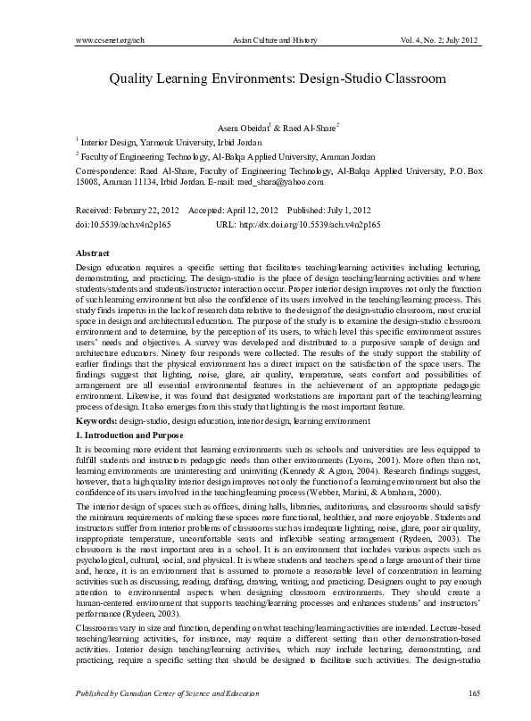 (PDF) Quality Learning Environments: Design-Studio Classroom