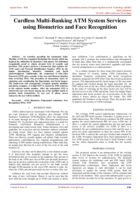 (PDF) Cardless Multi-Banking ATM System Services using Biometrics and Face Recognition