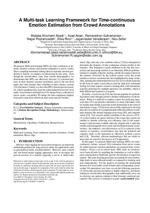 Pdf A Multi Task Learning Framework For Time Continuous Emotion Estimation From Crowd Annotations