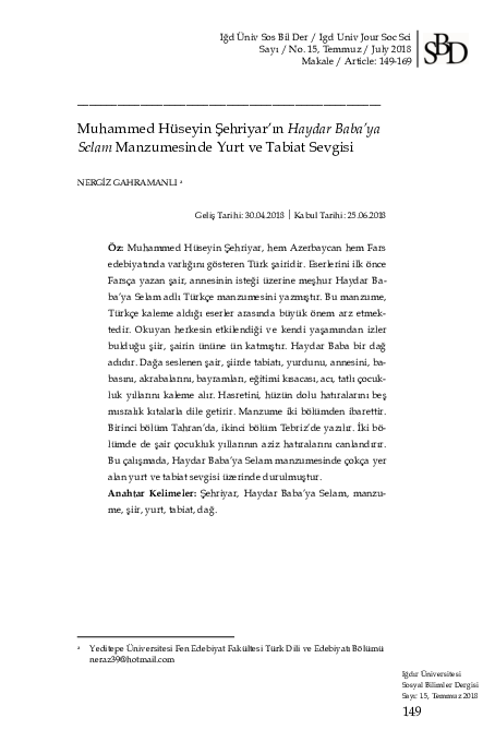 (PDF) Muhammed Hüseyin Şehriyar’ın “Haydar Baba’ya Selam Manzumesinde ...