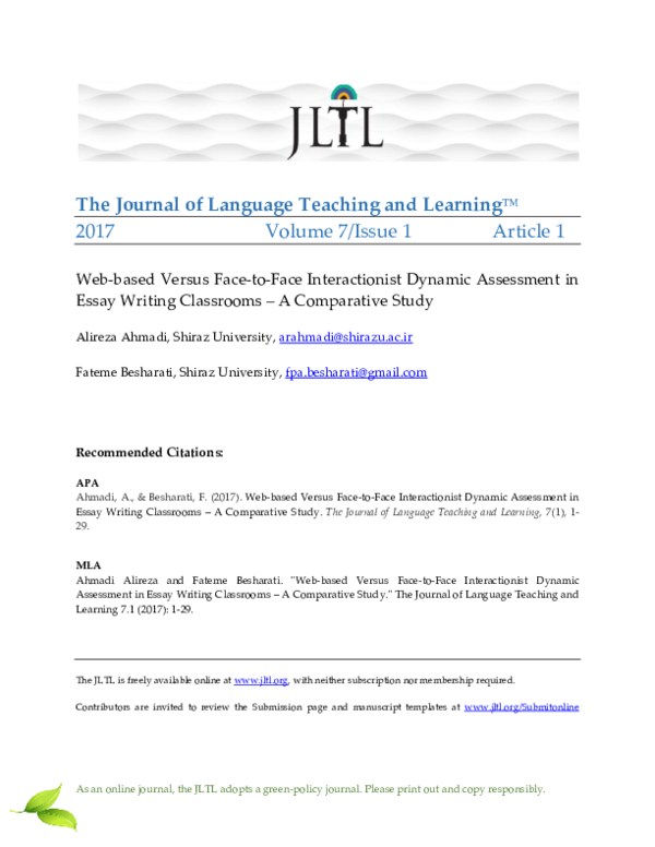 Web-based Versus Face-to-Face Interactionist Dynamic Assessment in Essay Writing Classrooms – A ...