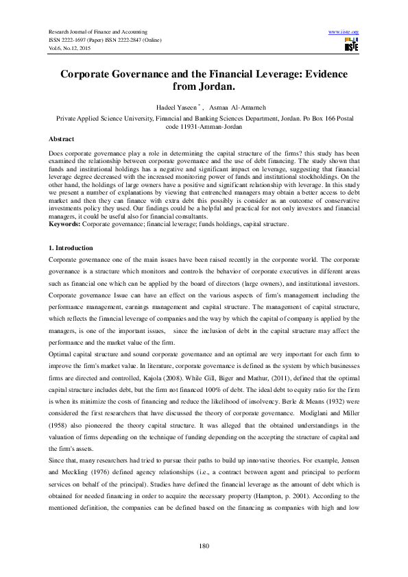 (PDF) Corporate Governance and the Financial Leverage: Evidence from Jordan