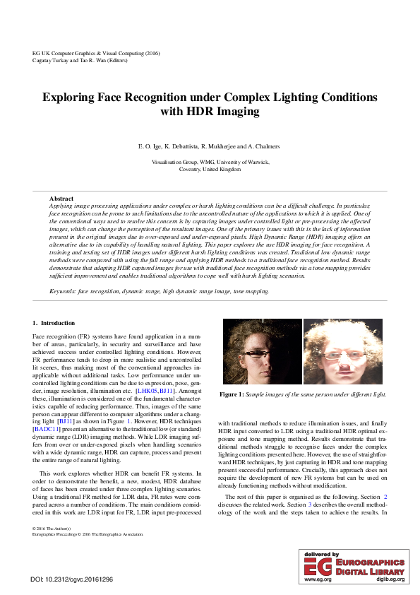 Pdf Exploring Face Recognition Under Complex Lighting Conditions With Hdr Imaging