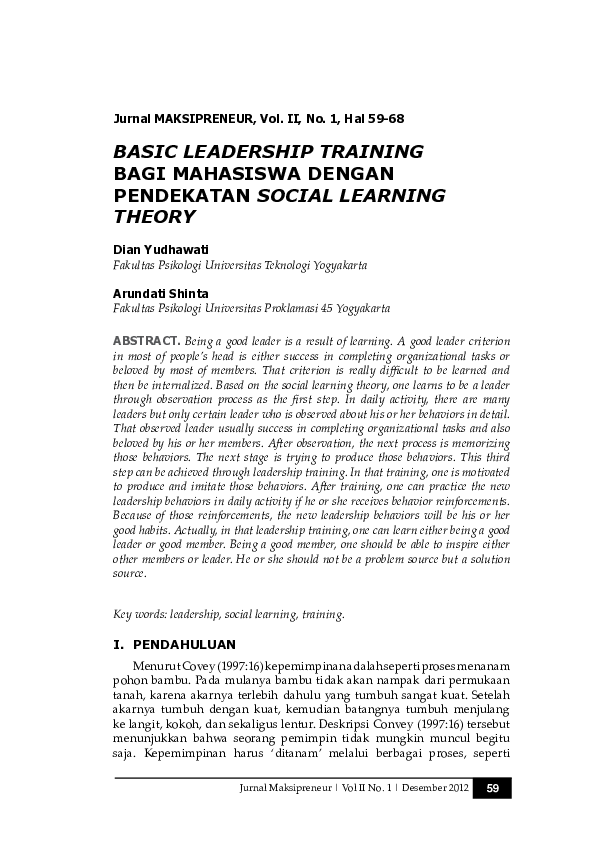 (PDF) Basic Leadership Training bagi Mahasiswa dengan Pendekatan Social Learning Theory