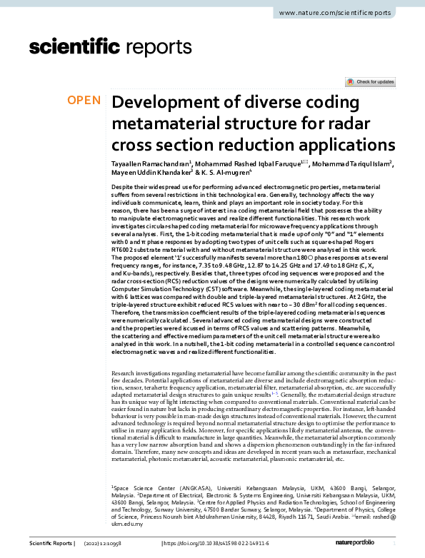 Pdf Development Of Diverse Coding Metamaterial Structure For Radar Cross Section Reduction