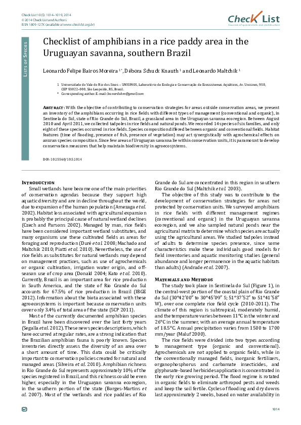 (PDF) Checklist of amphibians in a rice paddy area in the Uruguayan ...