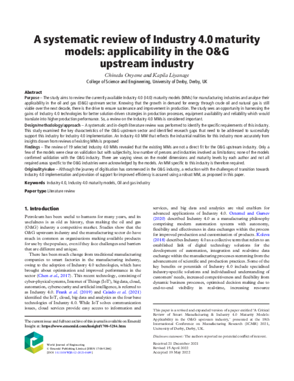 (PDF) A systematic review of Industry 4.0 maturity models: applicability in the O&G upstream ...