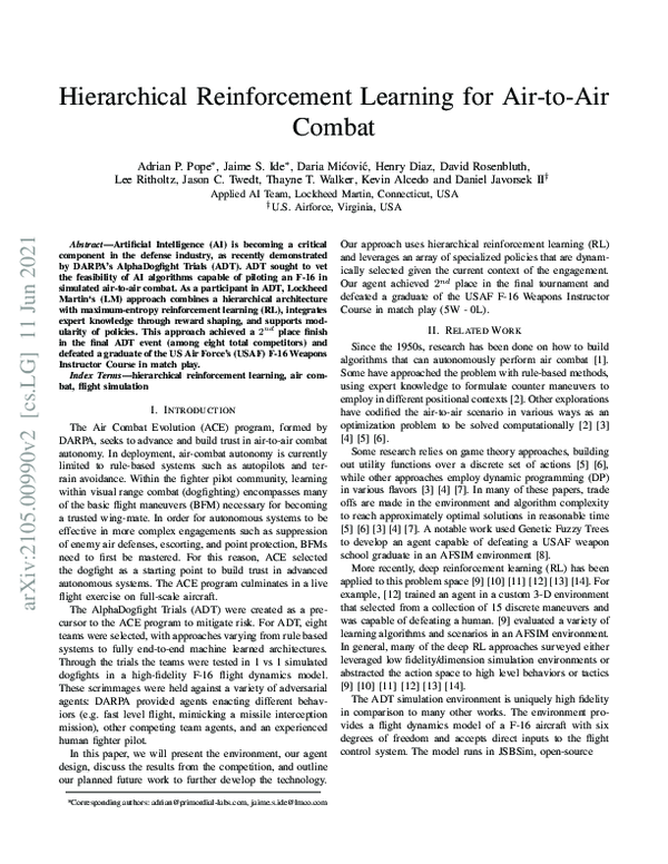 (PDF) Hierarchical Reinforcement Learning for Air-to-Air Combat
