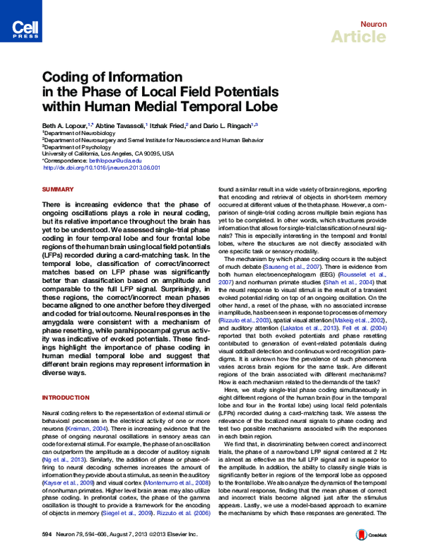 (PDF) Coding of Information in the Phase of Local Field Potentials ...